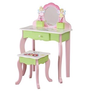 hiliroom kids vanity set with mirror and stool, girls makeup vanity wooden dressing table with drawer, princess vanity table and chair set, pretend play vanity set for little girls