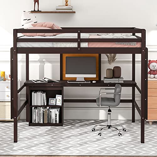 Lifeand Full Size Loft Bed with Desk and Writing Board, Wooden Loft Bed with Desk & 2 Drawers Cabinet,Espresso