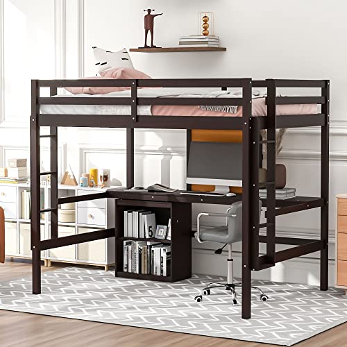 Lifeand Full Size Loft Bed with Desk and Writing Board, Wooden Loft Bed with Desk & 2 Drawers Cabinet,Espresso