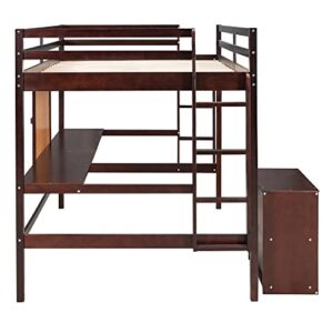 Lifeand Full Size Loft Bed with Desk and Writing Board, Wooden Loft Bed with Desk & 2 Drawers Cabinet,Espresso