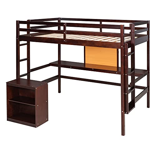 Lifeand Full Size Loft Bed with Desk and Writing Board, Wooden Loft Bed with Desk & 2 Drawers Cabinet,Espresso