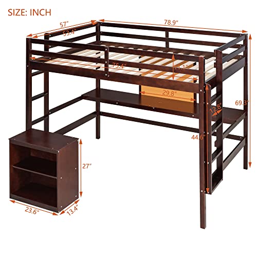 Lifeand Full Size Loft Bed with Desk and Writing Board, Wooden Loft Bed with Desk & 2 Drawers Cabinet,Espresso