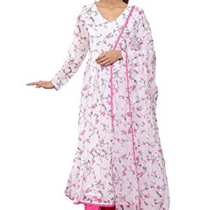 Janasya Indian Women's White Georgette Floral Printed Kurta with Flared Palazzo and Dupatta(J0451-KR-PP-ICH-XXL)