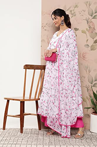 Janasya Indian Women's White Georgette Floral Printed Kurta with Flared Palazzo and Dupatta(J0451-KR-PP-ICH-XXL)