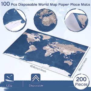 Mixweer 100 Pcs Paper Disposable World Map Placemats, 11 x 17 Inch Travel Adventure Dinner Lunch Map Paper Table Mats Travel Bon Voyage Adventure Awaits Themed Party Decorations Supplies