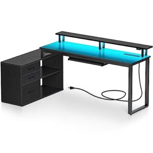 rolanstar computer desk with file drawer, 55.1" l shaped desk with power outlet & led lights, home office desk with monitor stand & keyboard tray, corner study writing table with storage, black