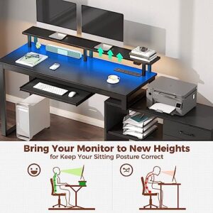 Rolanstar Computer Desk with File Drawer, 55.1" L Shaped Desk with Power Outlet & LED Lights, Home Office Desk with Monitor Stand & Keyboard Tray, Corner Study Writing Table with Storage, Black