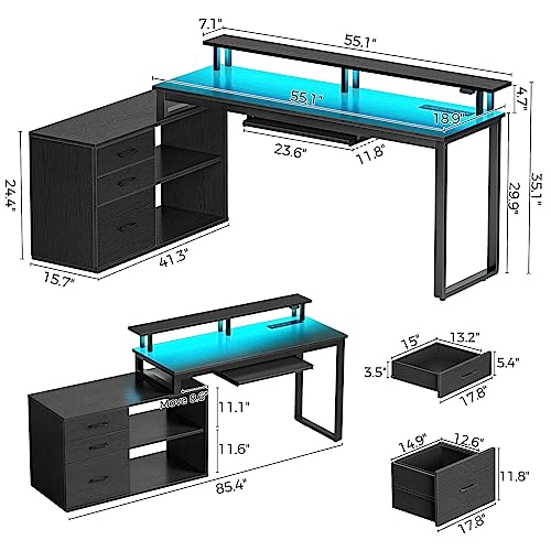 Rolanstar Computer Desk with File Drawer, 55.1" L Shaped Desk with Power Outlet & LED Lights, Home Office Desk with Monitor Stand & Keyboard Tray, Corner Study Writing Table with Storage, Black