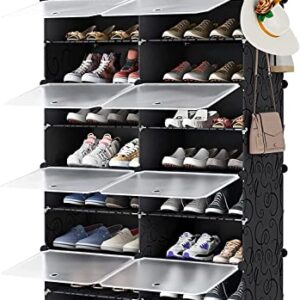 YIHATA Shoe Rack Organizer 32 Pairs Shoe Storage Cabinet 8-Tier DIY Expandable Free Standing Shoe Cabinet for Entryway Closet Bedroom Hallway with Versatile Hook (Black)