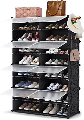 YIHATA Shoe Rack Organizer 32 Pairs Shoe Storage Cabinet 8-Tier DIY Expandable Free Standing Shoe Cabinet for Entryway Closet Bedroom Hallway with Versatile Hook (Black)