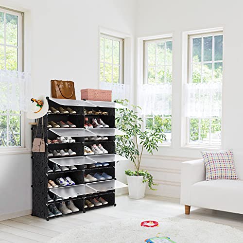 YIHATA Shoe Rack Organizer 32 Pairs Shoe Storage Cabinet 8-Tier DIY Expandable Free Standing Shoe Cabinet for Entryway Closet Bedroom Hallway with Versatile Hook (Black)