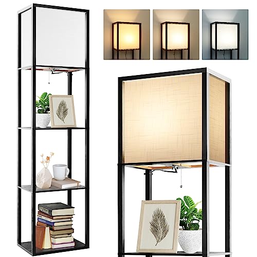 AVV Wide Floor Lamp with Shelves, 4-Tier Modern Shelf Floor Lamp 15W LED Bulb with 2700 4000K 5000K Color Selectable, Display Lamp for Living Room, Bedroom, and Office, Black