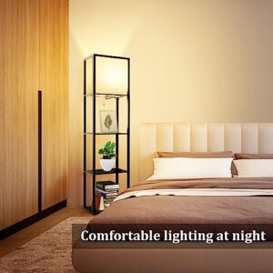 AVV Wide Floor Lamp with Shelves, 4-Tier Modern Shelf Floor Lamp 15W LED Bulb with 2700 4000K 5000K Color Selectable, Display Lamp for Living Room, Bedroom, and Office, Black