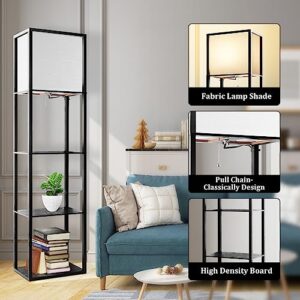 AVV Wide Floor Lamp with Shelves, 4-Tier Modern Shelf Floor Lamp 15W LED Bulb with 2700 4000K 5000K Color Selectable, Display Lamp for Living Room, Bedroom, and Office, Black