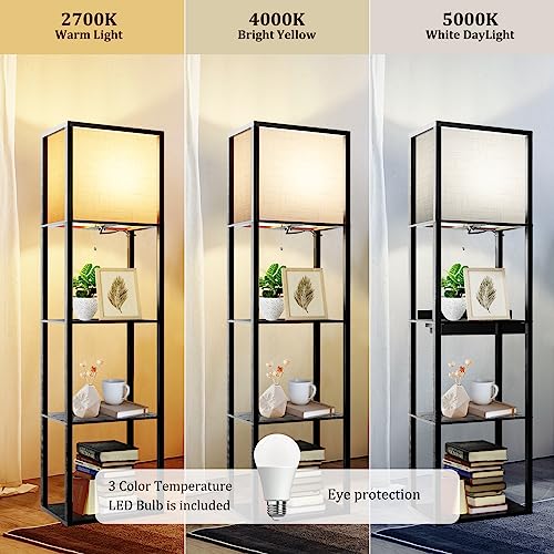 AVV Wide Floor Lamp with Shelves, 4-Tier Modern Shelf Floor Lamp 15W LED Bulb with 2700 4000K 5000K Color Selectable, Display Lamp for Living Room, Bedroom, and Office, Black