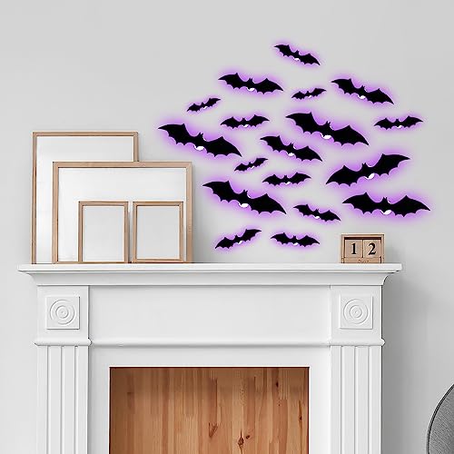 Dazzle Bright 36 Pcs LED Halloween 3D Bats Decorations Wall Stickers, 4 Different Size Removable PVC Wall Sticker for Indoor Home Window Decor Party Supplies