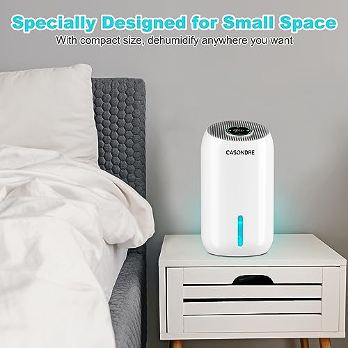 CASONDRE 56OZ Dehumidifier, 500 Sq ft Small Dehumidifier with Touch Control LED Screen, Temperature Display, Timer, 3 Modes, Auto Shut Off Portable Dehumidifier for Bathroom, Basement, Bedroom, RV