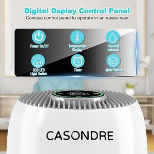 CASONDRE 56OZ Dehumidifier, 500 Sq ft Small Dehumidifier with Touch Control LED Screen, Temperature Display, Timer, 3 Modes, Auto Shut Off Portable Dehumidifier for Bathroom, Basement, Bedroom, RV