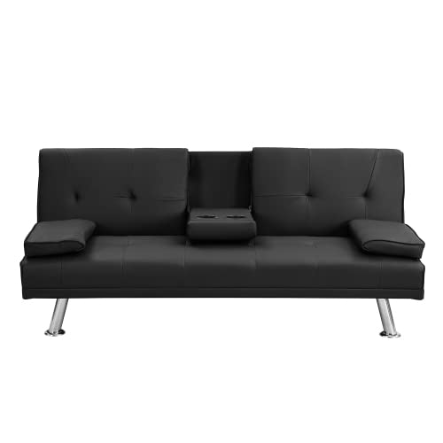 Anwickmak Futon Sofa Bed, Modern Convertible Armrests Sleeper Couch with 2 Cup Holders,loveseat,for Studio,Apartment,Office,Living Room,66.1”x 31.7”x 28.3” (Black)