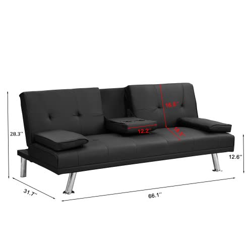 Anwickmak Futon Sofa Bed, Modern Convertible Armrests Sleeper Couch with 2 Cup Holders,loveseat,for Studio,Apartment,Office,Living Room,66.1”x 31.7”x 28.3” (Black)