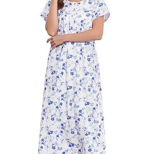 IZZY + TOBY Cotton Nightgowns for Women Soft Short Sleeve Knitted Night Gown Ladies Long Nightdress Sleepwear Blue Morning Bulls M