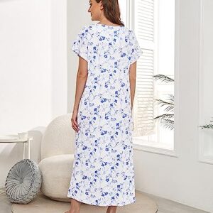 IZZY + TOBY Cotton Nightgowns for Women Soft Short Sleeve Knitted Night Gown Ladies Long Nightdress Sleepwear Blue Morning Bulls M