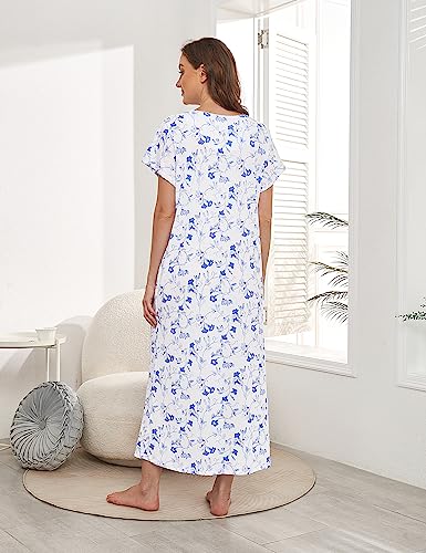 IZZY + TOBY Cotton Nightgowns for Women Soft Short Sleeve Knitted Night Gown Ladies Long Nightdress Sleepwear Blue Morning Bulls M