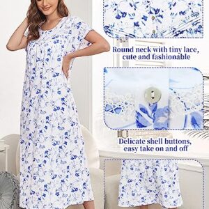 IZZY + TOBY Cotton Nightgowns for Women Soft Short Sleeve Knitted Night Gown Ladies Long Nightdress Sleepwear Blue Morning Bulls M