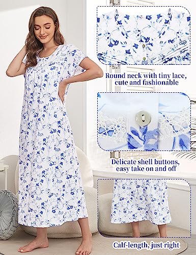 IZZY + TOBY Cotton Nightgowns for Women Soft Short Sleeve Knitted Night Gown Ladies Long Nightdress Sleepwear Blue Morning Bulls M