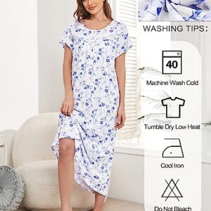 IZZY + TOBY Cotton Nightgowns for Women Soft Short Sleeve Knitted Night Gown Ladies Long Nightdress Sleepwear Blue Morning Bulls M