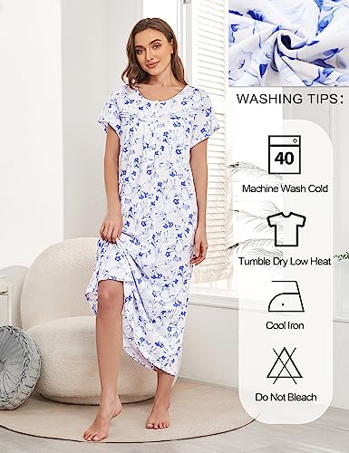 IZZY + TOBY Cotton Nightgowns for Women Soft Short Sleeve Knitted Night Gown Ladies Long Nightdress Sleepwear Blue Morning Bulls M