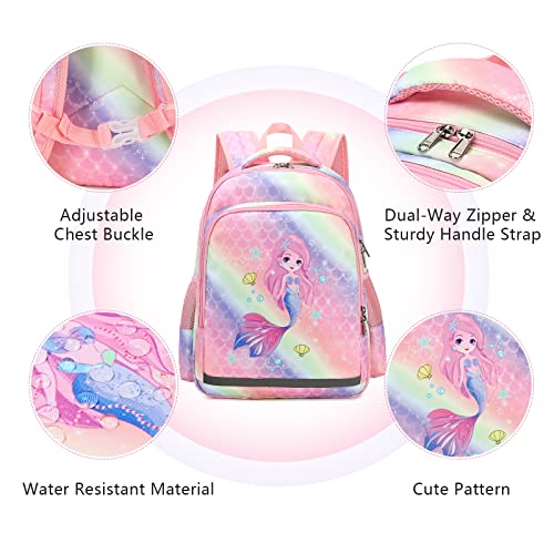 YCBB Rainbow Mermaid Kids Backpacks for Girls School Bookbags Set with Lunch Tote Bag Lightweight Preschool Kindergarten Elementary School Backpacks