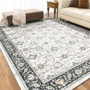 8x10 washable area rug for living room bedroom - vintage boho persian carpet large soft distressed floral floor rug for dinning room playroom home office indoor room decor,black