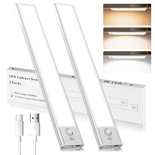 Okumoe Under Cabinet Lights, Premium LED Motion Sensor Under Cabinet Lighting, 3 Color Temperatures Closet Light for Wardrobe, Cupboard, Kitchen, 12" Wireless Rechargeable(2 Pack)