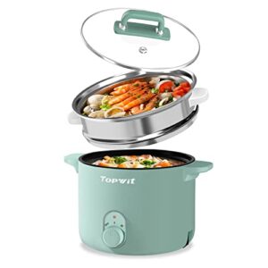 topwit electric pot with steamer, 1.5l non-stick ramen cooker, hot pot electric, electric pot for cooking pasta, noodles, steak, egg, portable pot with dual power control, dorm room essentials, green