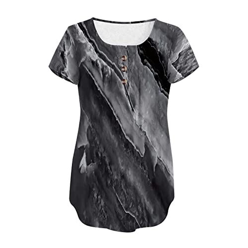 Tuianres Summer Shirts for Women 2023 Loose Fit Tunic Marble Print Short Sleeve Pleated Hide Belly Button T-Shirt Blouse