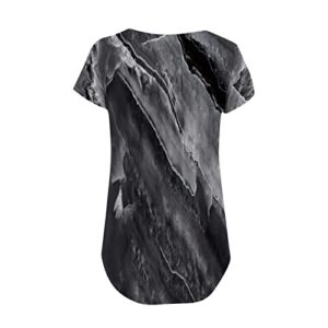 Tuianres Summer Shirts for Women 2023 Loose Fit Tunic Marble Print Short Sleeve Pleated Hide Belly Button T-Shirt Blouse