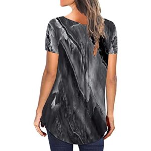 Tuianres Summer Shirts for Women 2023 Loose Fit Tunic Marble Print Short Sleeve Pleated Hide Belly Button T-Shirt Blouse