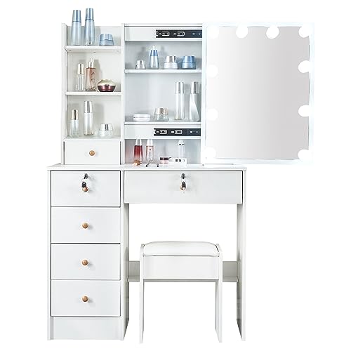 Kkonetoy Makeup Vanity Desk with Lighted Mirror, Dressing Table with Soft Cushioned Stool, Large Vanity Set with 5 Drawers and 6 Compartments, White