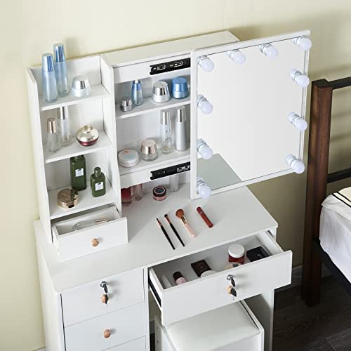 Kkonetoy Makeup Vanity Desk with Lighted Mirror, Dressing Table with Soft Cushioned Stool, Large Vanity Set with 5 Drawers and 6 Compartments, White