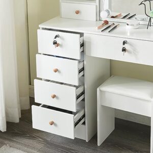 Kkonetoy Makeup Vanity Desk with Lighted Mirror, Dressing Table with Soft Cushioned Stool, Large Vanity Set with 5 Drawers and 6 Compartments, White