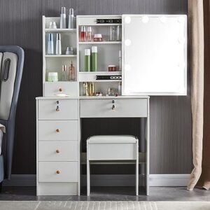 Kkonetoy Makeup Vanity Desk with Lighted Mirror, Dressing Table with Soft Cushioned Stool, Large Vanity Set with 5 Drawers and 6 Compartments, White