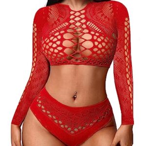 Avidlove Sexy Lingerie Fishnet Lingerie Sets Two Piece Lingerie Sexy Lingerie Panty and Bra Sets Fishnet Outfit A-red