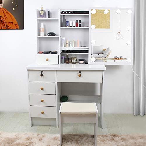 saicheng White Vanity Desk with Mirror and Lights, Makeup Vanity Set with Drawers and Stool, Vanity Table for Girls