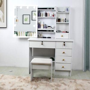 saicheng vanity desk with mirror and lights-3 color and brightness adjustable, vanity set with drawers and chair, white makeup vanity table for girls