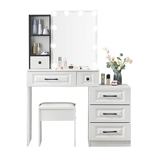 Makeup Vanity Set with Lights & Mirror, Large Vanity Table with Storage Drawers & Stool, Bedroom Dresser Desk Dressing Table for Girls Women (Elegant)