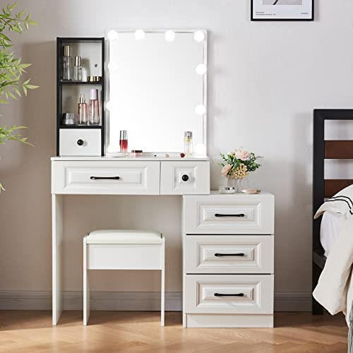 Makeup Vanity Set with Lights & Mirror, Large Vanity Table with Storage Drawers & Stool, Bedroom Dresser Desk Dressing Table for Girls Women (Elegant)