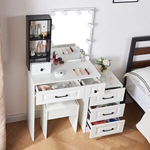 Makeup Vanity Set with Lights & Mirror, Large Vanity Table with Storage Drawers & Stool, Bedroom Dresser Desk Dressing Table for Girls Women (Elegant)