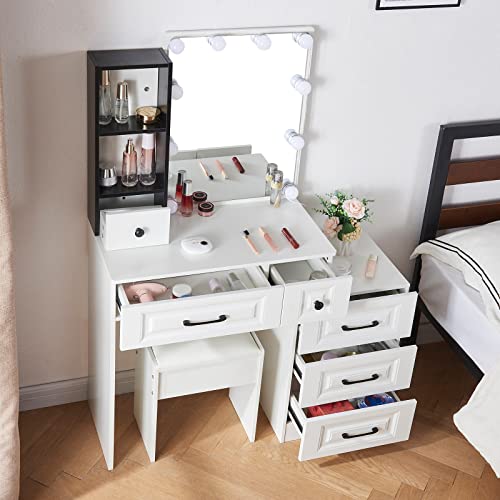 Makeup Vanity Set with Lights & Mirror, Large Vanity Table with Storage Drawers & Stool, Bedroom Dresser Desk Dressing Table for Girls Women (Elegant)