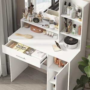 Palimder Vanity Dresser with Mirror & Light, Large Drawer & Three Level Storage Dresser, 3 Lighting Modes Adjustable Brightness, Bedroom Dressing Table (White)